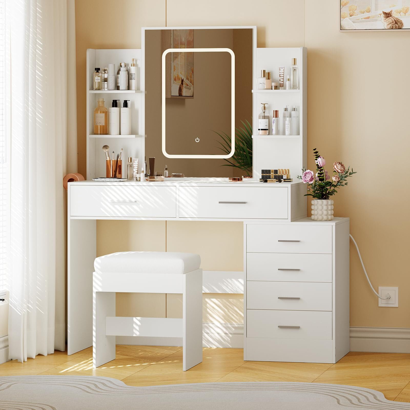 Vanity Desk with Mirror and Lights, Makeup Vanity Set with 6 Drawers ...