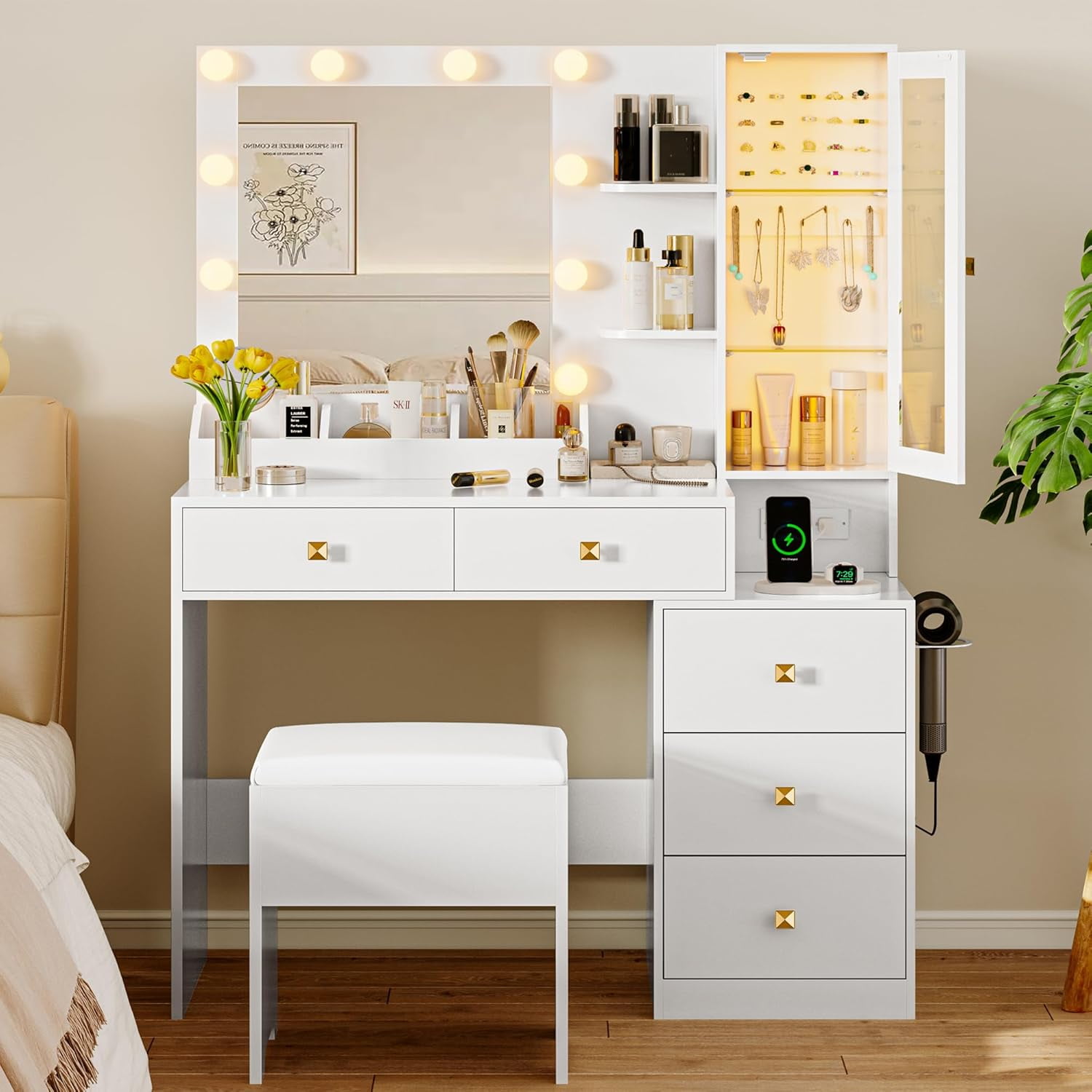 Vanity Desk with Mirror and Lights, Makeup Vanity Table Set with 5 ...