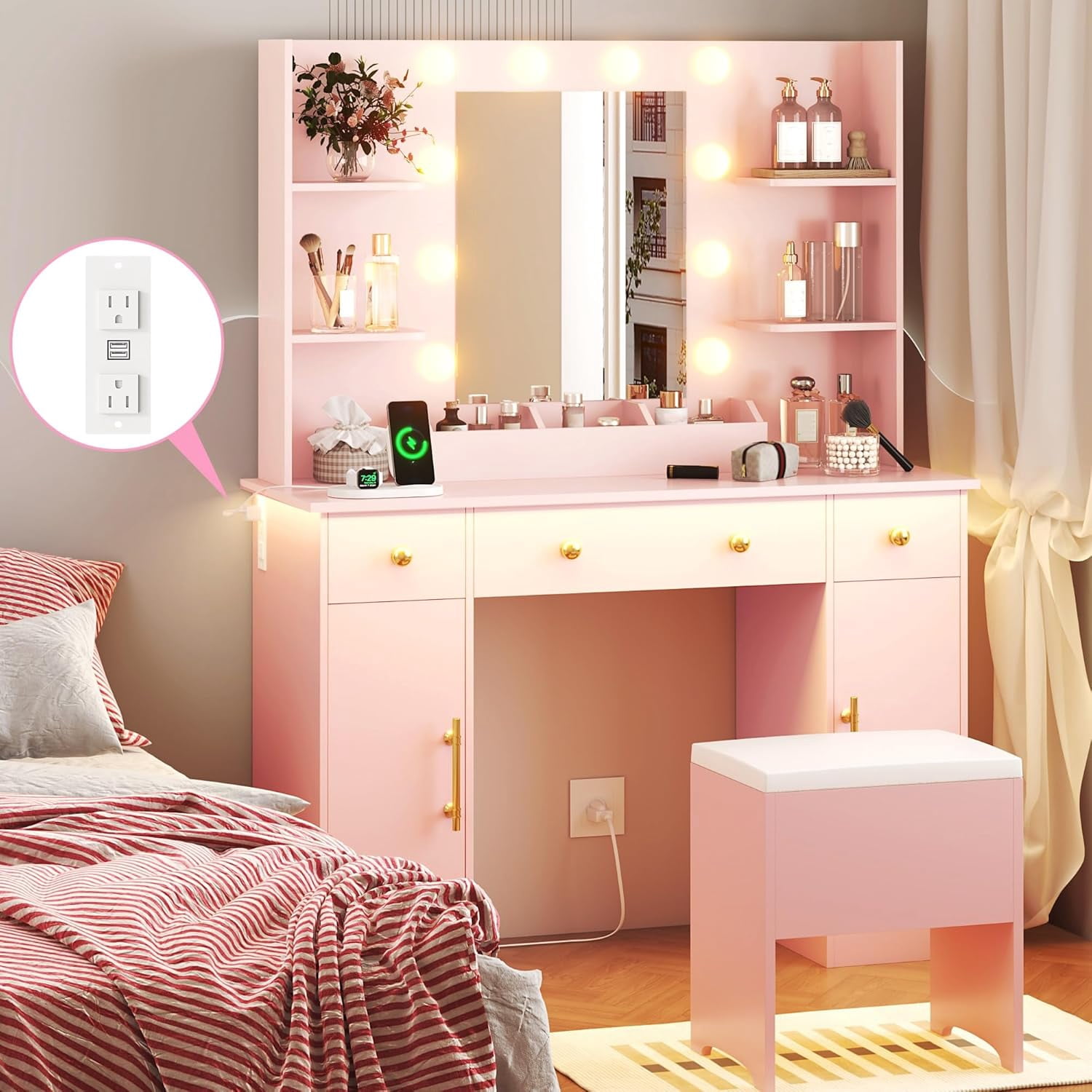 Vanity Desk with Mirror and Lights,Pink Makeup Vanity with Charging ...