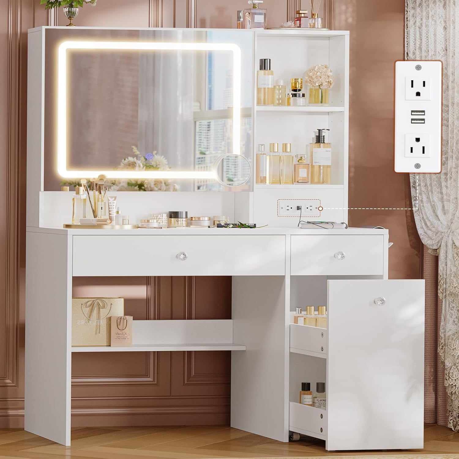 Vanity Desk with Mirror and Lights,Power Outlet,3 Drawers,Pull-Out LED ...