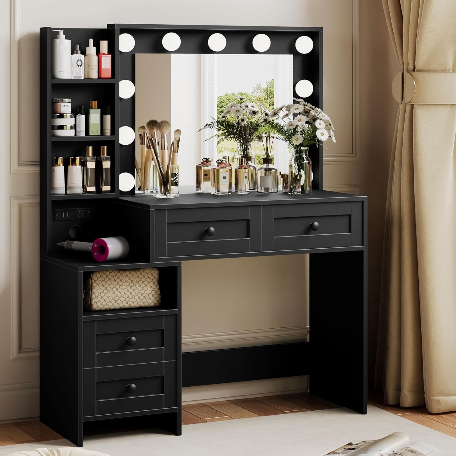 Vanity Desk with Mirror and Lights & Power Outlet, Makeup Table with 3 ...
