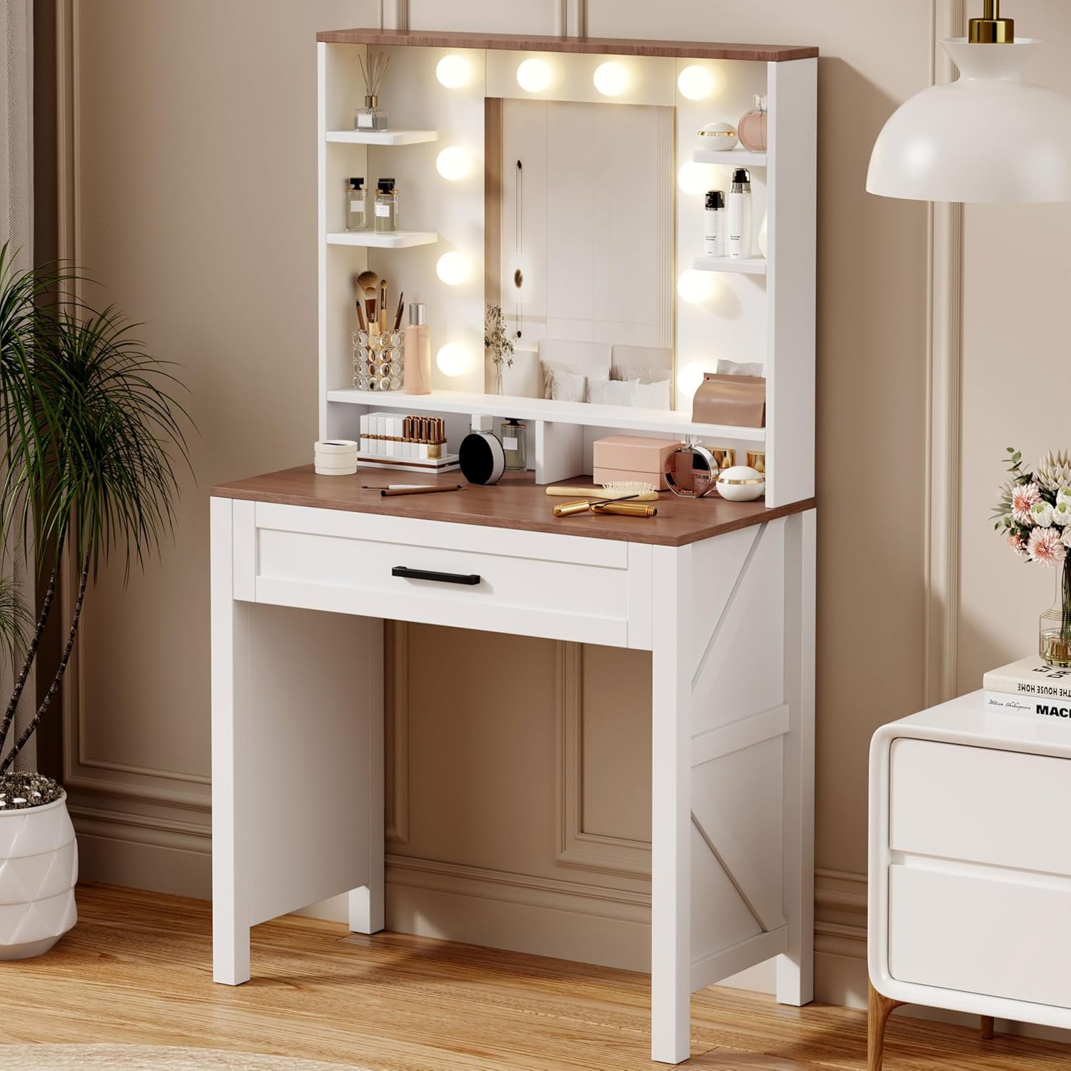 Vanity Desk with Mirror and Lights & Power Outlet, Makeup Table with ...