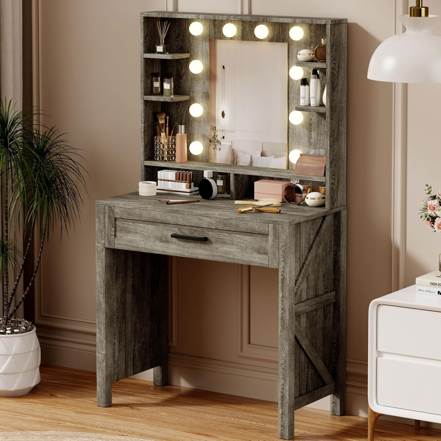 Vanity Desk with Mirror and Lights & Power Outlet, Makeup Table with ...