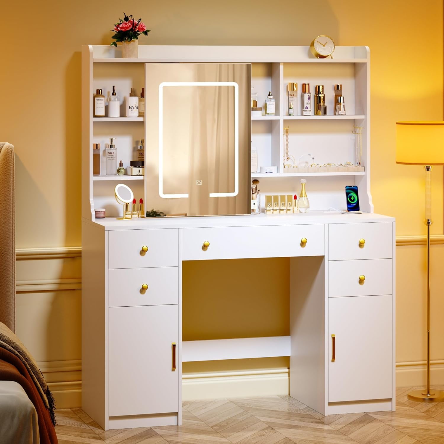 Vanity Desk with Mirror and Lights, Vanity Desk with Sliding LED Mirror ...