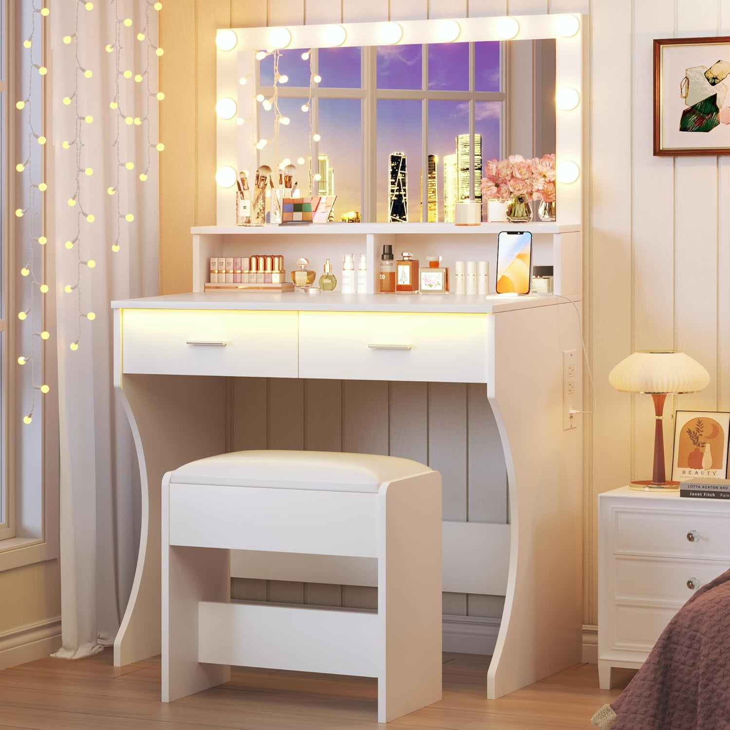 Vanity Desk with Mirror and Lights, Small Makeup Vanity with Chair and ...