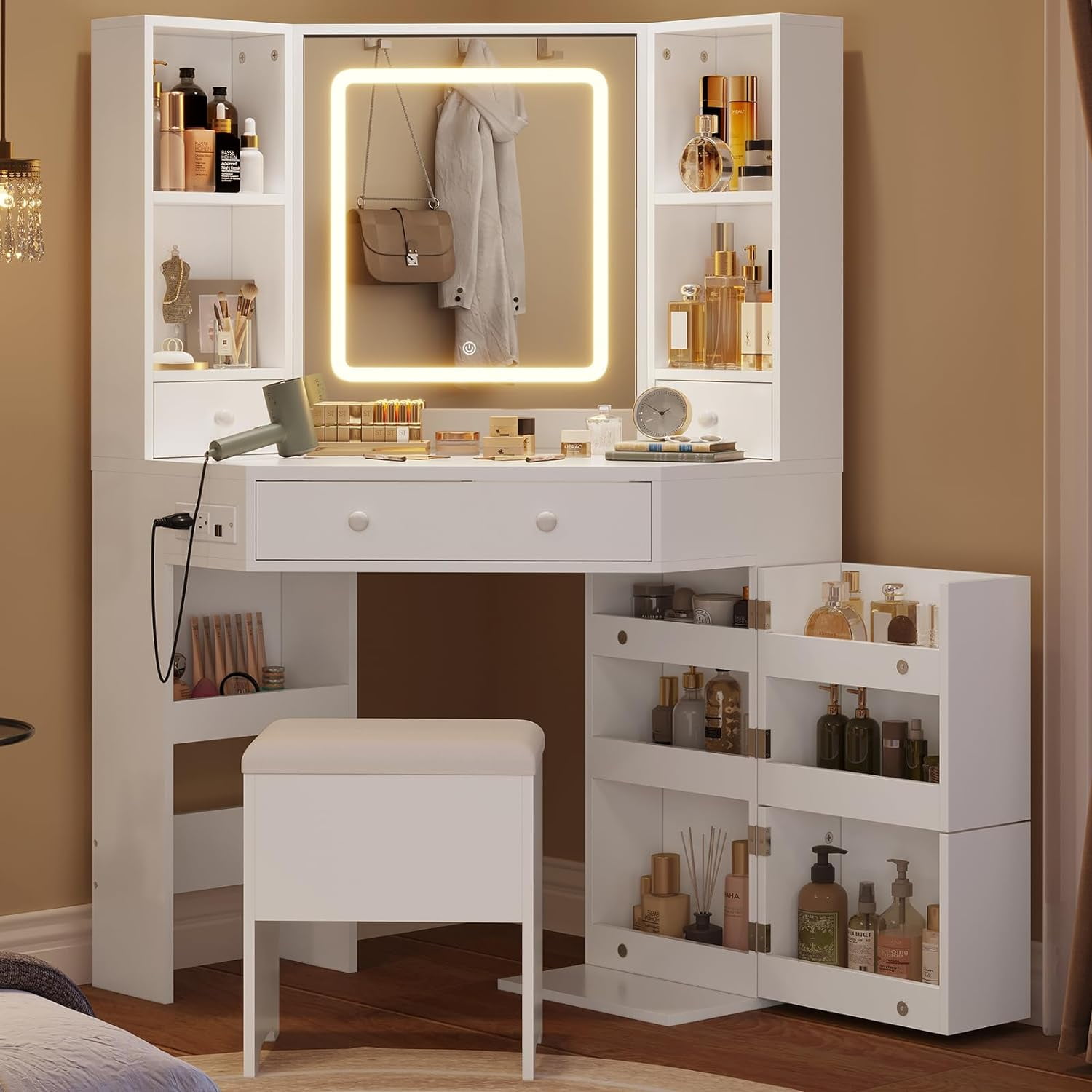 Vanity Desk with Mirror Lights, Storage Bench & Power Outlet, Corner ...