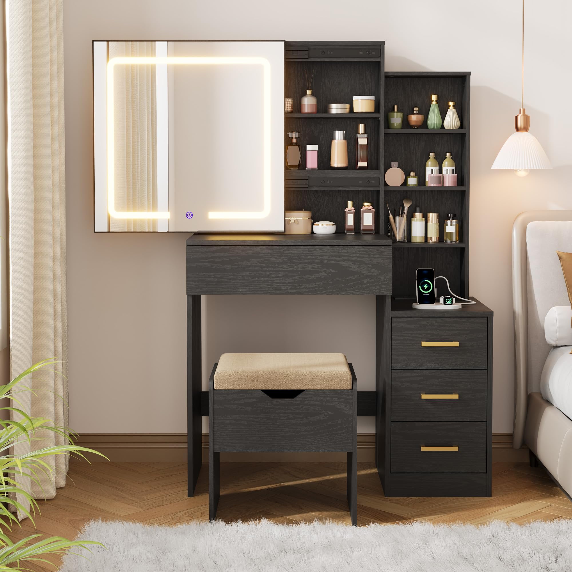 Vanity Desk with Mirror and Lights, Vanity Table and Chair Set with 4 ...