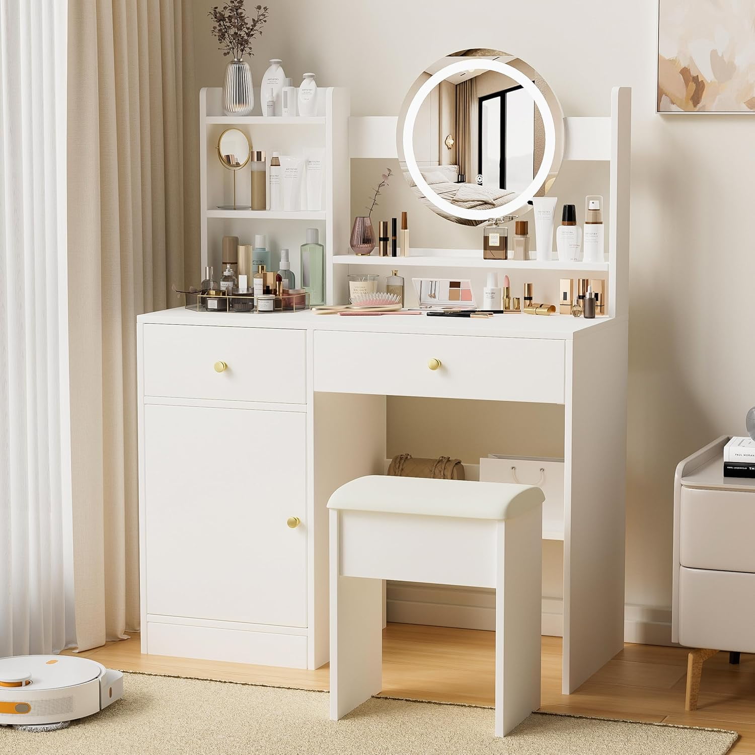 Vanity Desk with Mirror and Lights, Vanity Table +Vanity Cushioned ...