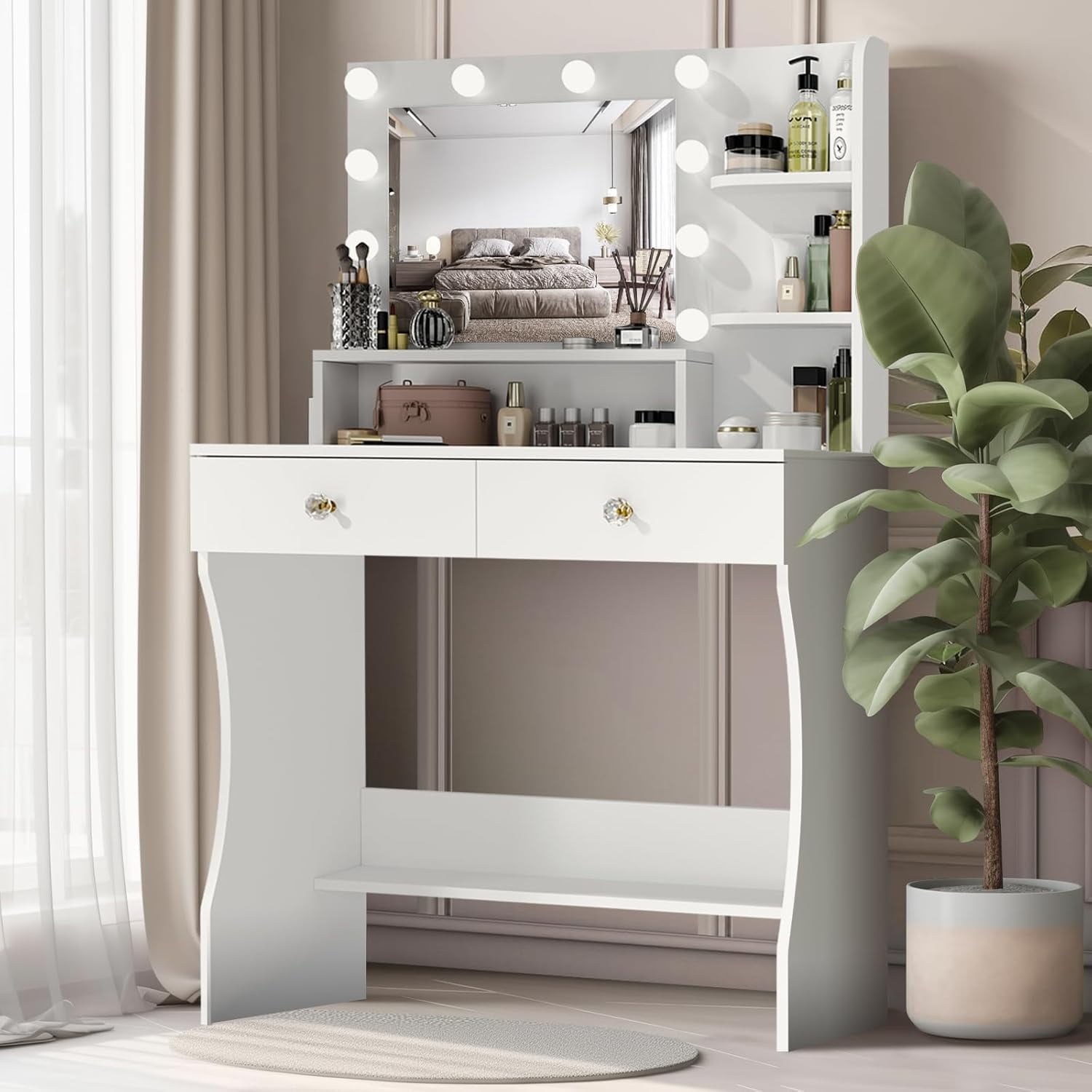 Vanity Desk with Mirror and Lights, White Vanity with Lighted Mirror ...