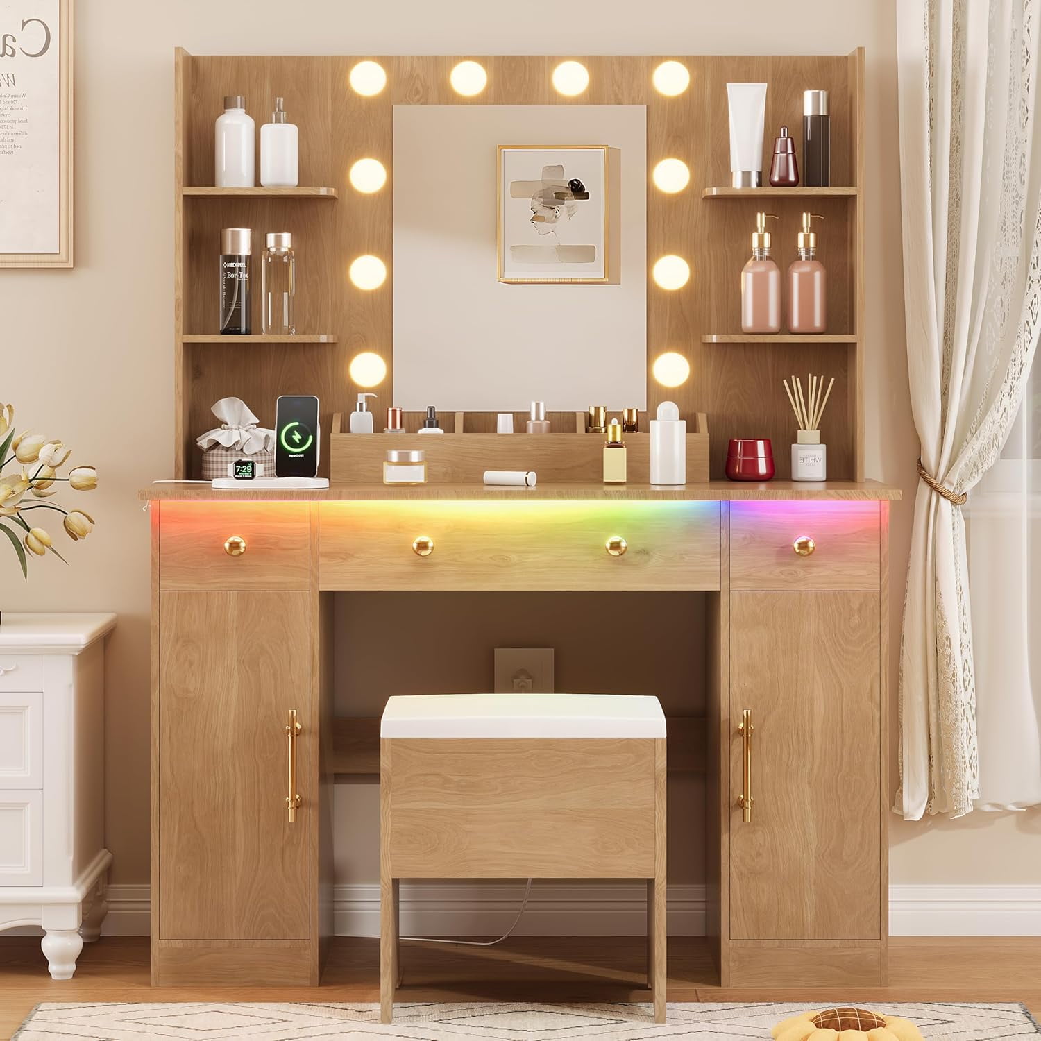 Vanity Desk with Mirror and Lights, Wood Makeup Vanity with Charging ...