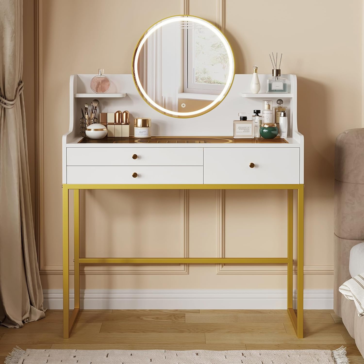 Vanity Desk with Mirror, Power Outlet and LED Lights Makeup Vanity with ...