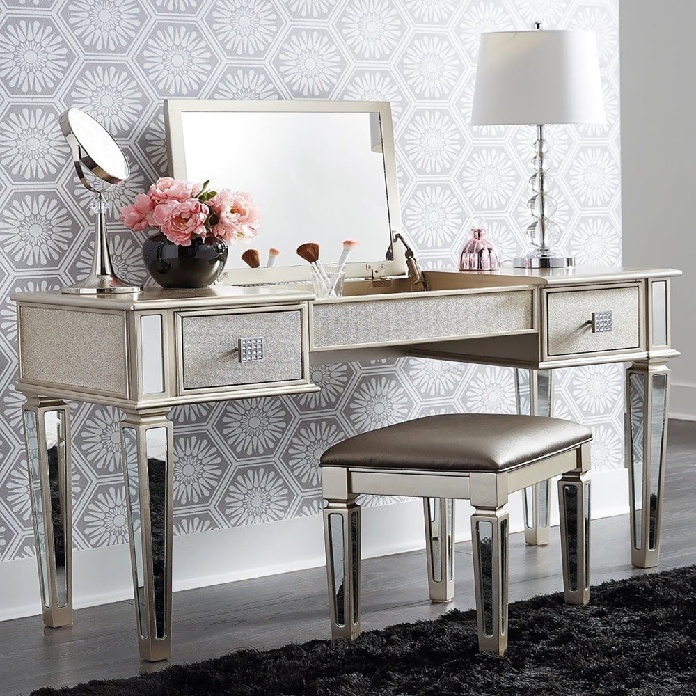 Vanity Desk, Modern Vanity Table Makeup Table Set with Stool, Mirror ...