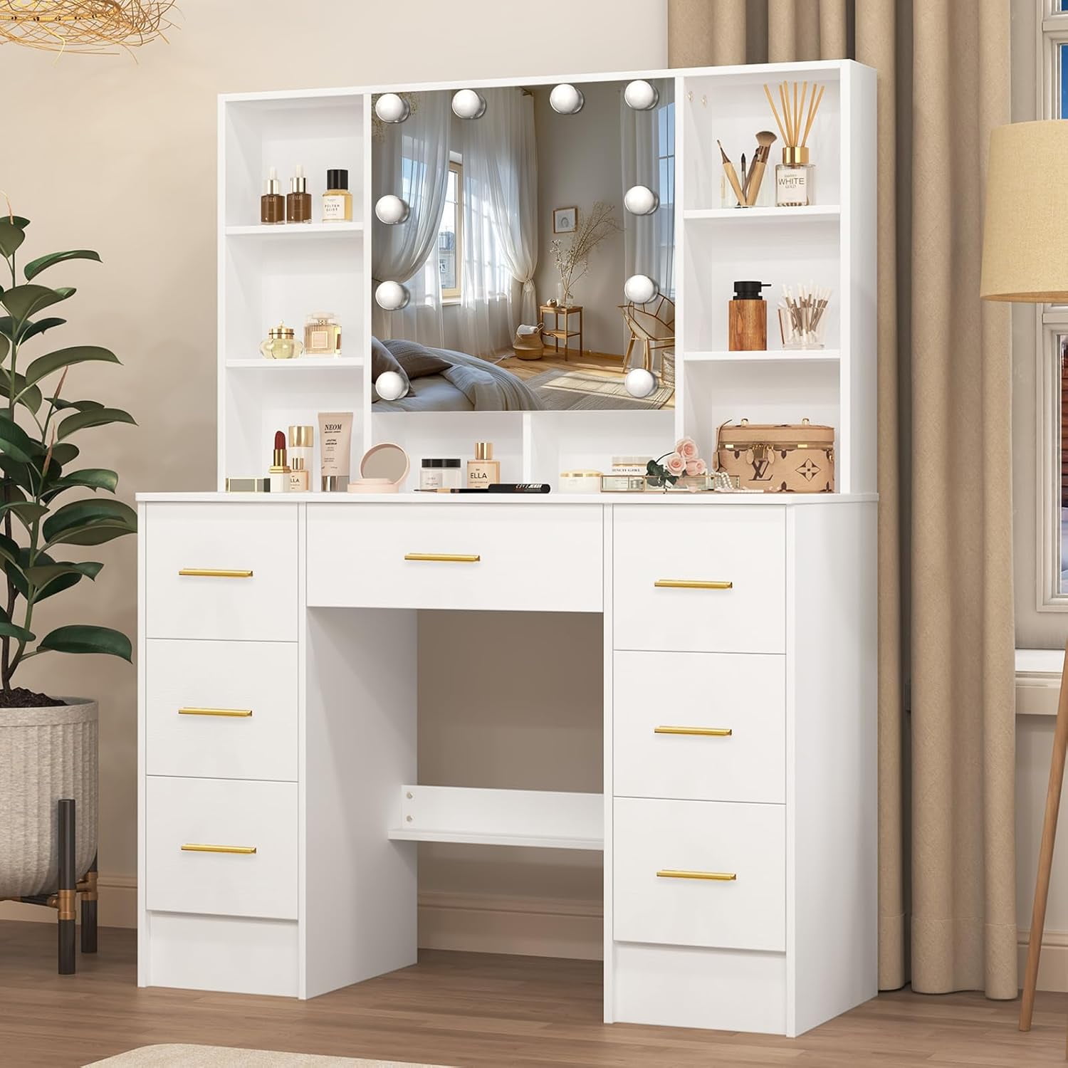Vanity Desk with Openable Mirror and 3 Color Light Settings, Large ...