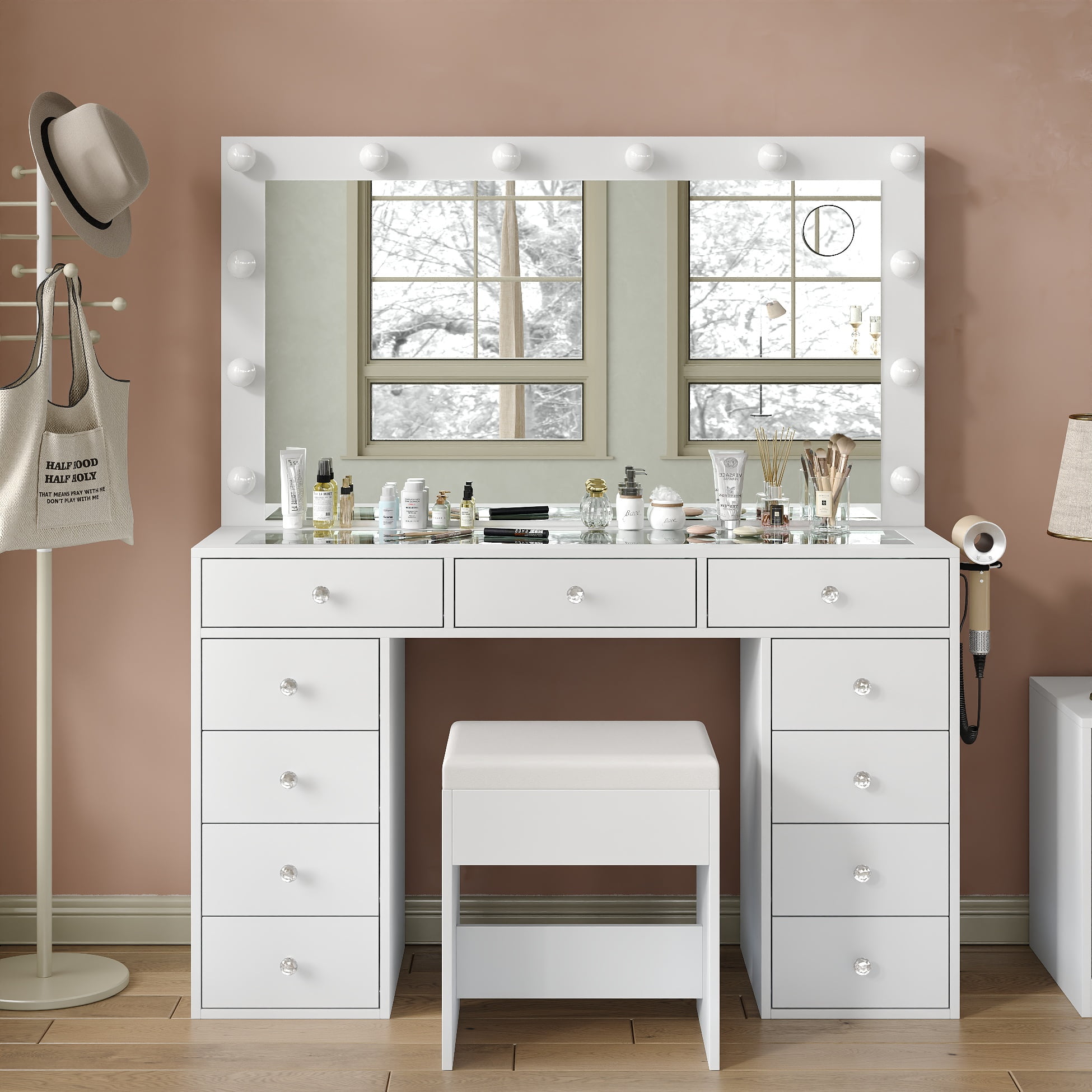 Vanity Desk & Power Outl, Makeup Vanity with Mirror and 12 LED Lights ...
