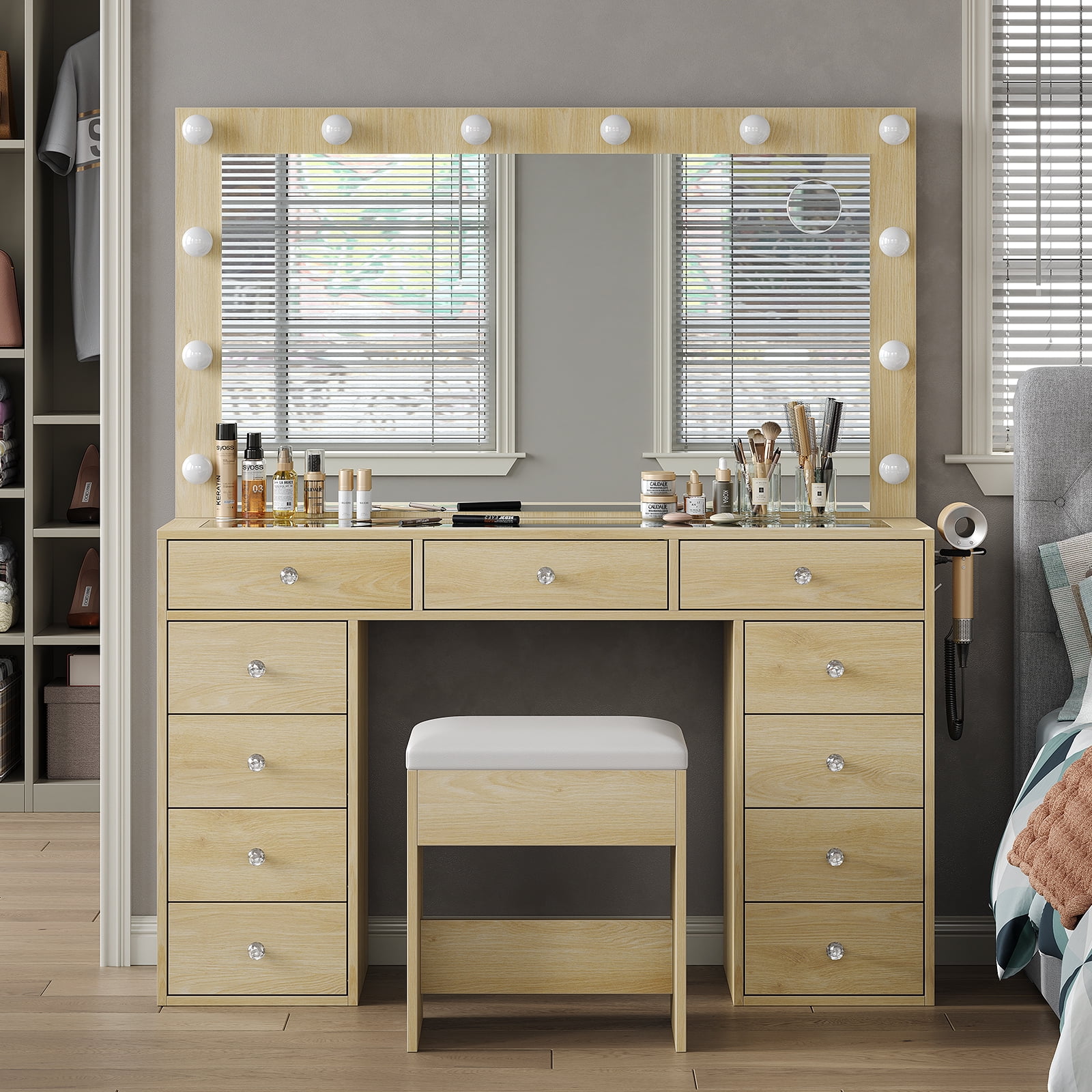 Vanity Desk & Power Outl, Makeup Vanity with Mirror and 12 LED Lights ...