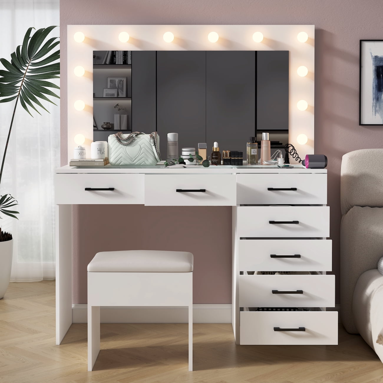 Vanity Desk with Power Outlet, Makeup Vanity with Lighted Mirror, 3 ...