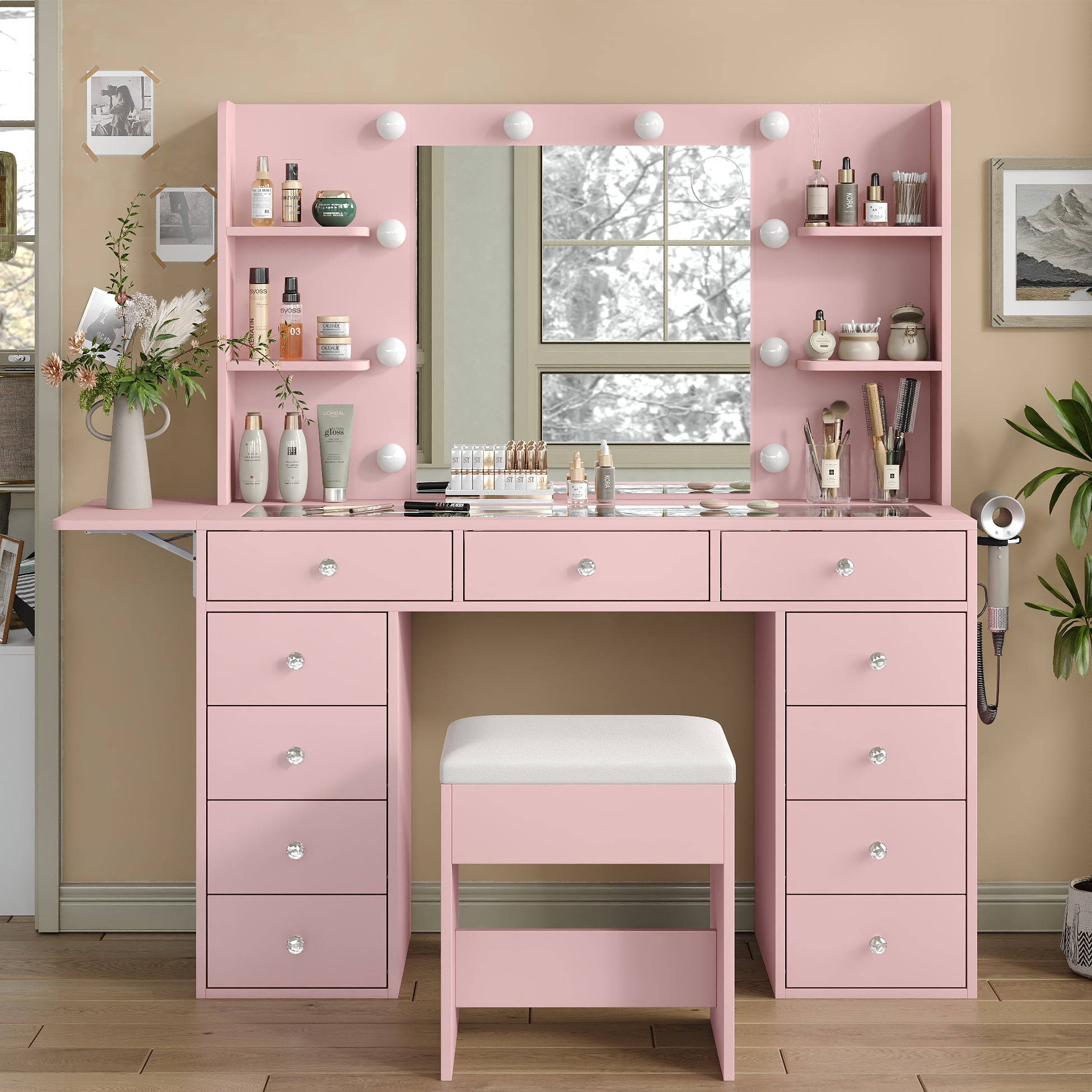 Vanity Desk with Power Outlet, Makeup Vanity with Lighted Mirror, 3 ...