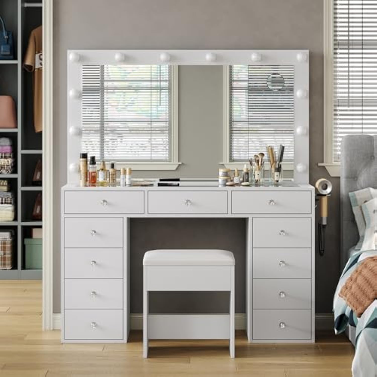 Vanity Desk with Power Outlet Makeup Vanity with Mirror and 12 LED ...