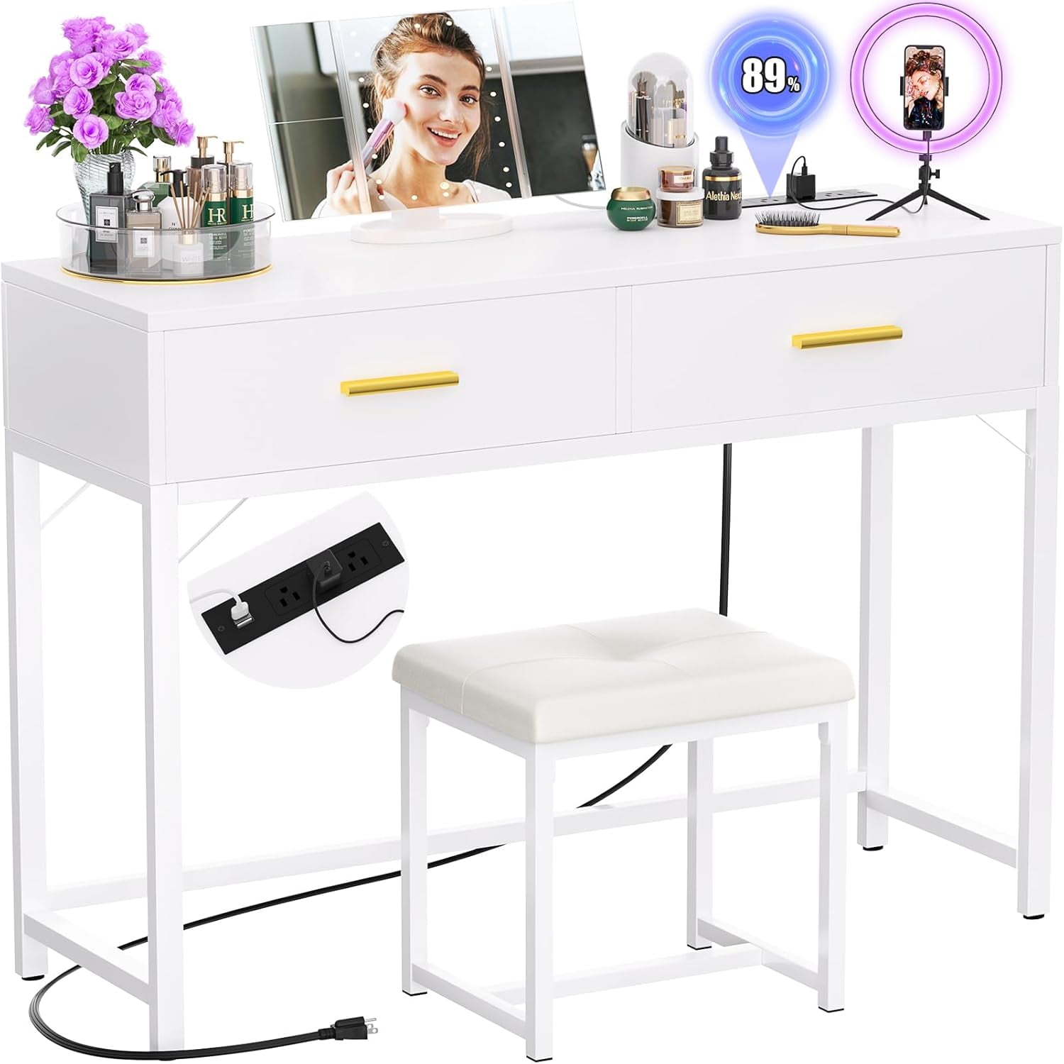 Vanity Desk with Power Outlets and Lights, 36'' Makeup Vanity with Tri ...