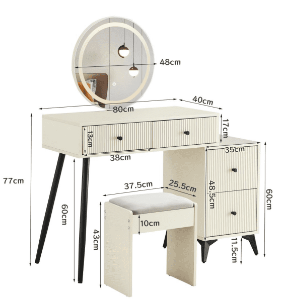 Vanity Desk with Round LED Mirror and Lights, Modern Vanity Table with ...