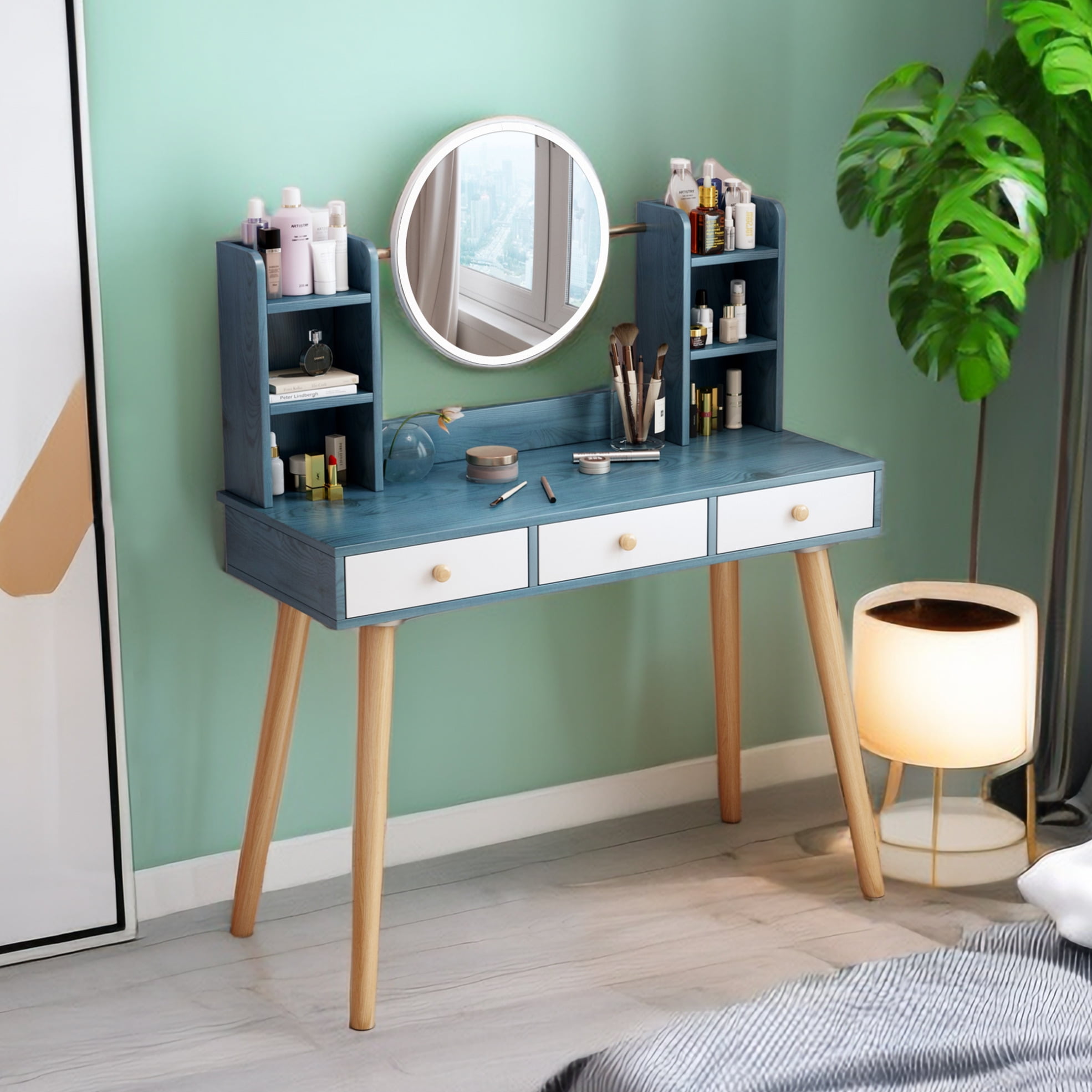 Vanity Desk with Round Mirror, 3 Drawers and 2 Tier Shelves, Makeup ...