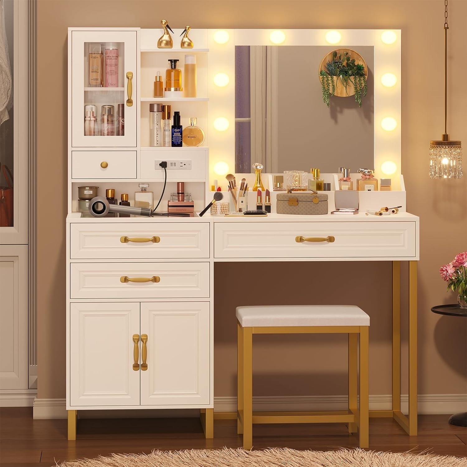 Vanity Desk Set with LED Lights, Mirror, Charging Station, Stool ...