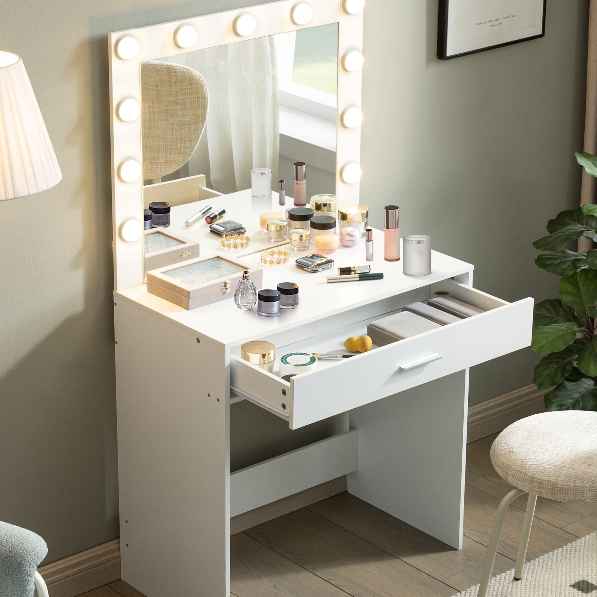Vanity Desk Set With Large Lighted Mirror, Makeup Vanity Table With ...