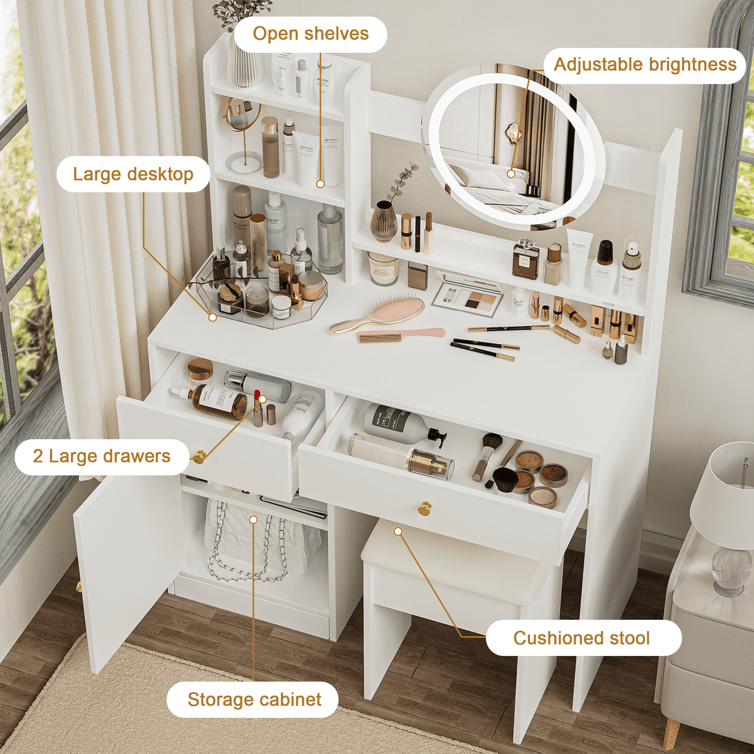 Vanity Desk Set with Mirror and Cushioned Chair, Vanity Mirror with ...