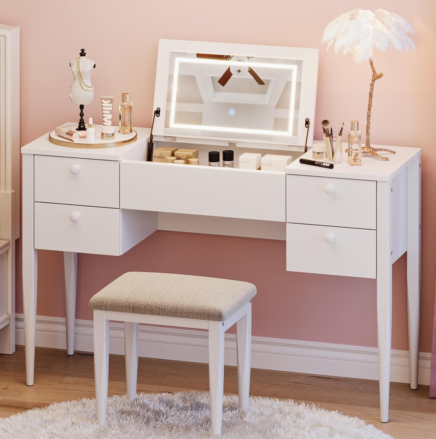 Vanity Desk Set with Mirror and Lights, Flip Top Makeup Vanity Desk ...