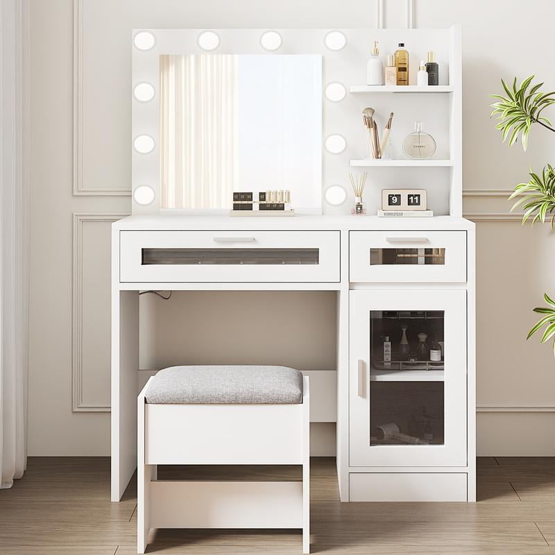 Vanity Desk Set with Round Mirror, Vanity with Lights, Makeup Vanity ...
