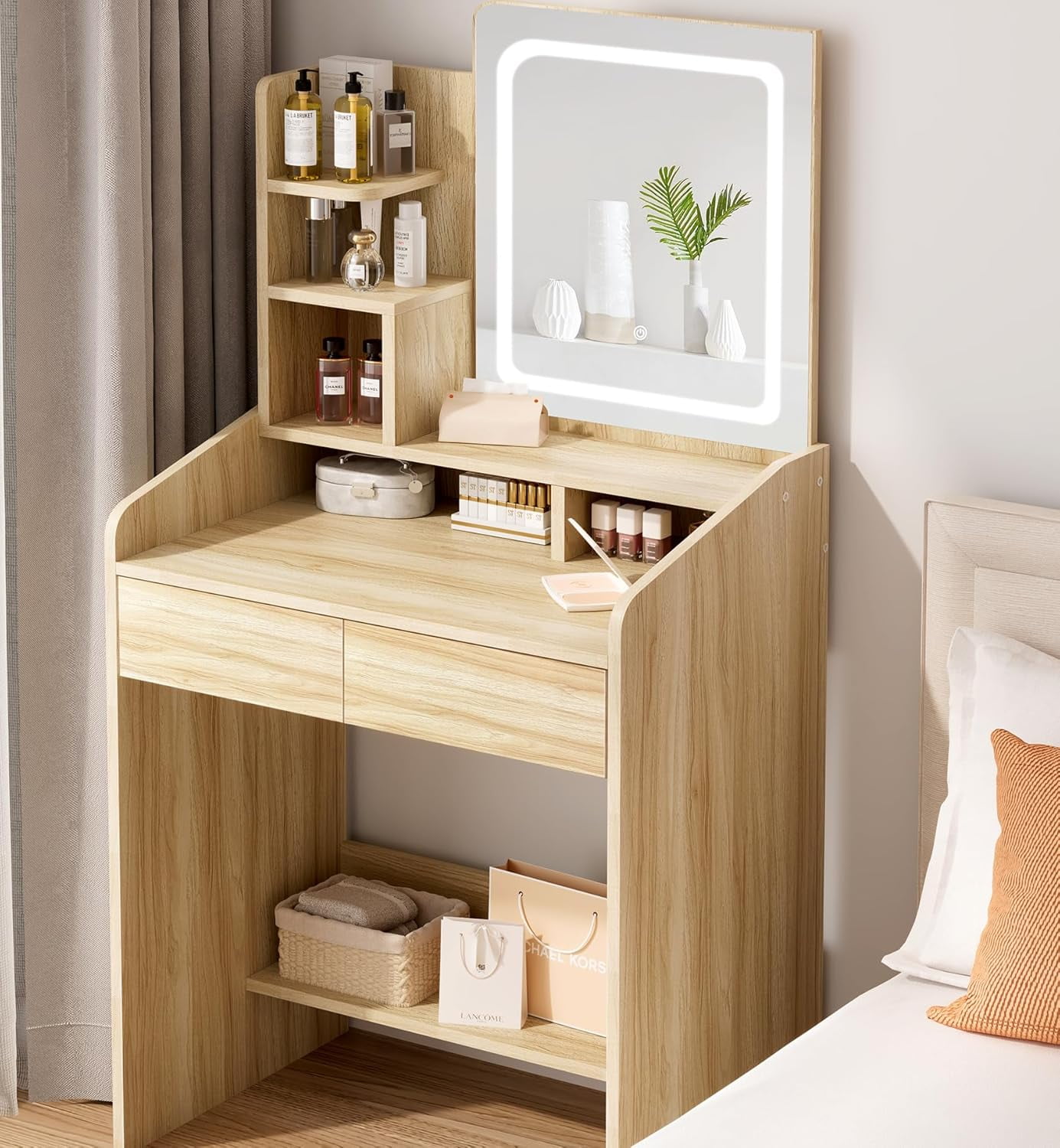 Vanity Desk Set with Square Makeup Mirror and Light- Small Vanity Table ...