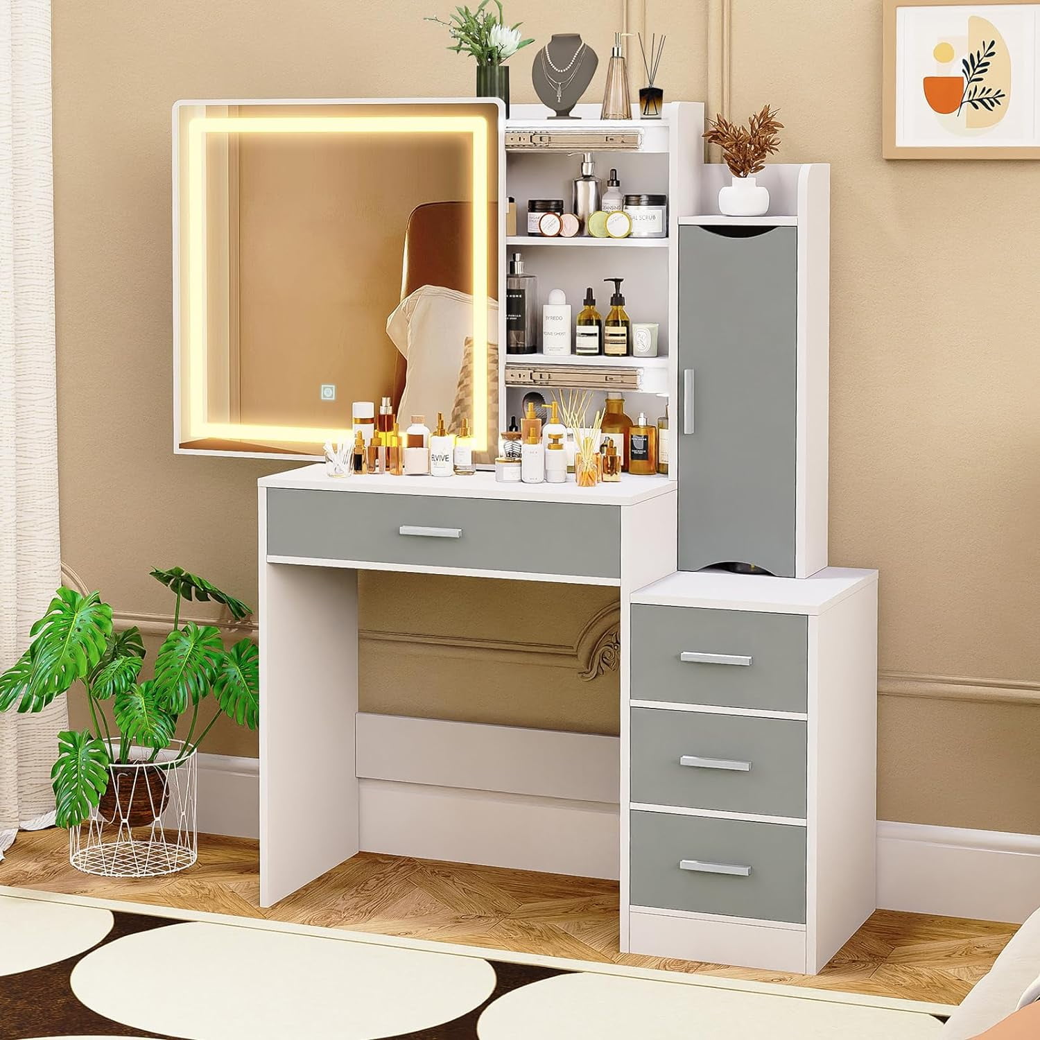 Vanity Desk Vanity with Sliding LED Lighted Mirror Vanity with 4 ...