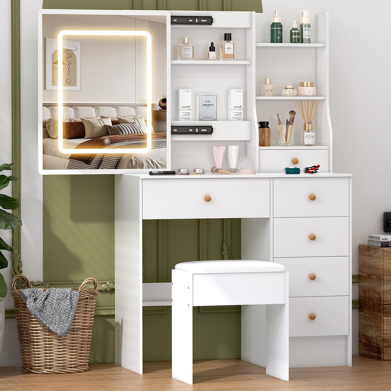 Vanity Desk with Sliding Mirror and LED Lights, Makeup Vanity Table Set ...