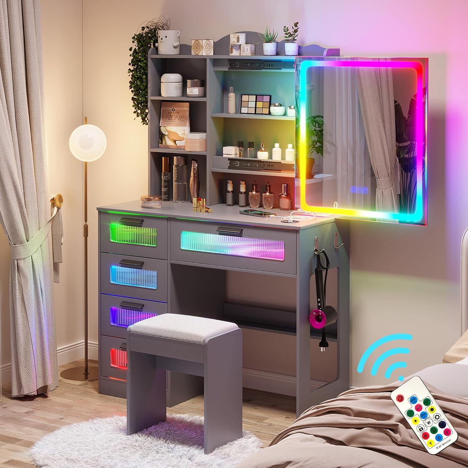 Vanity Desk with Sliding Mirror and LED Lights, RGB Vanitys with ...