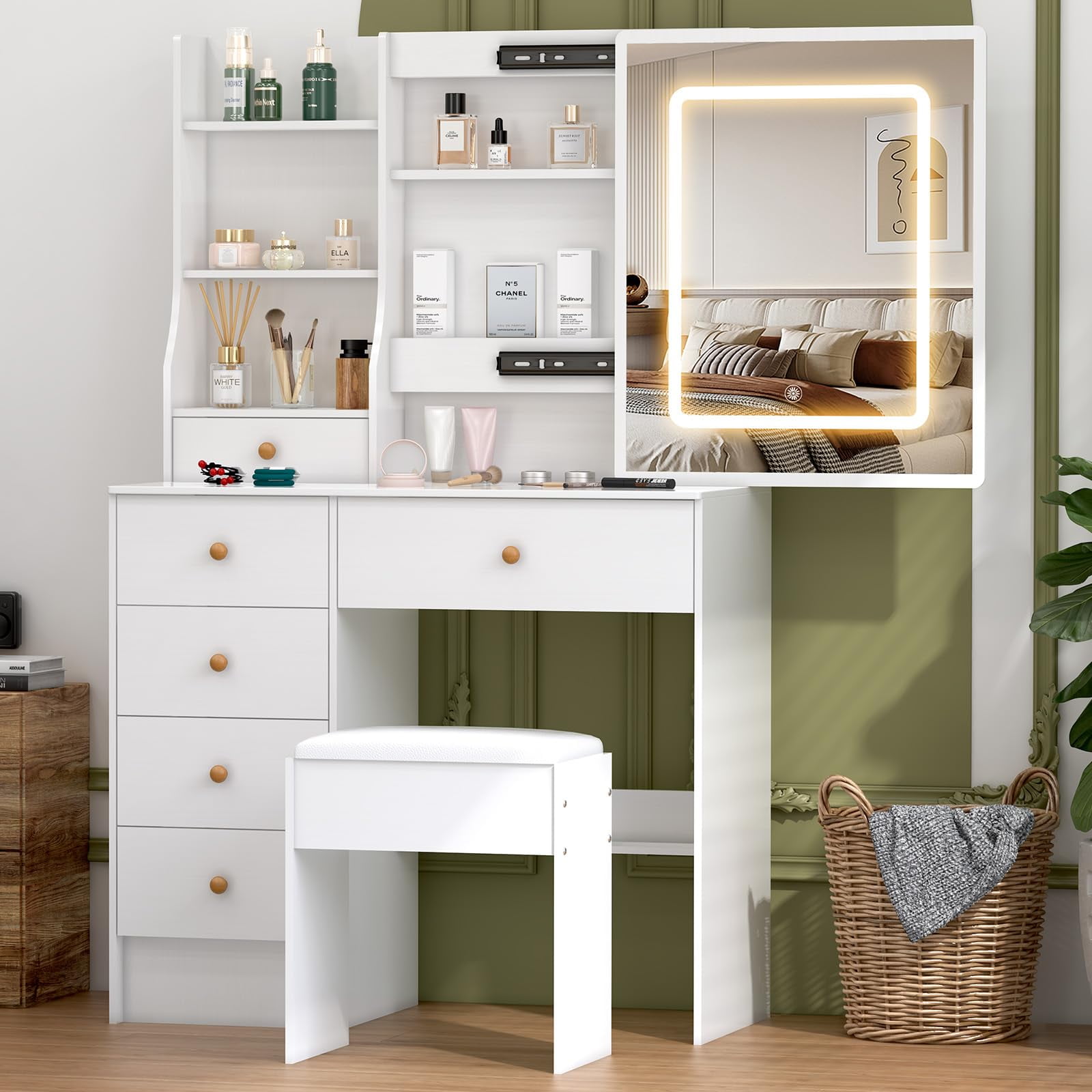 Vanity Desk with Sliding Mirror and LED Lights, Small Makeup Vanity ...