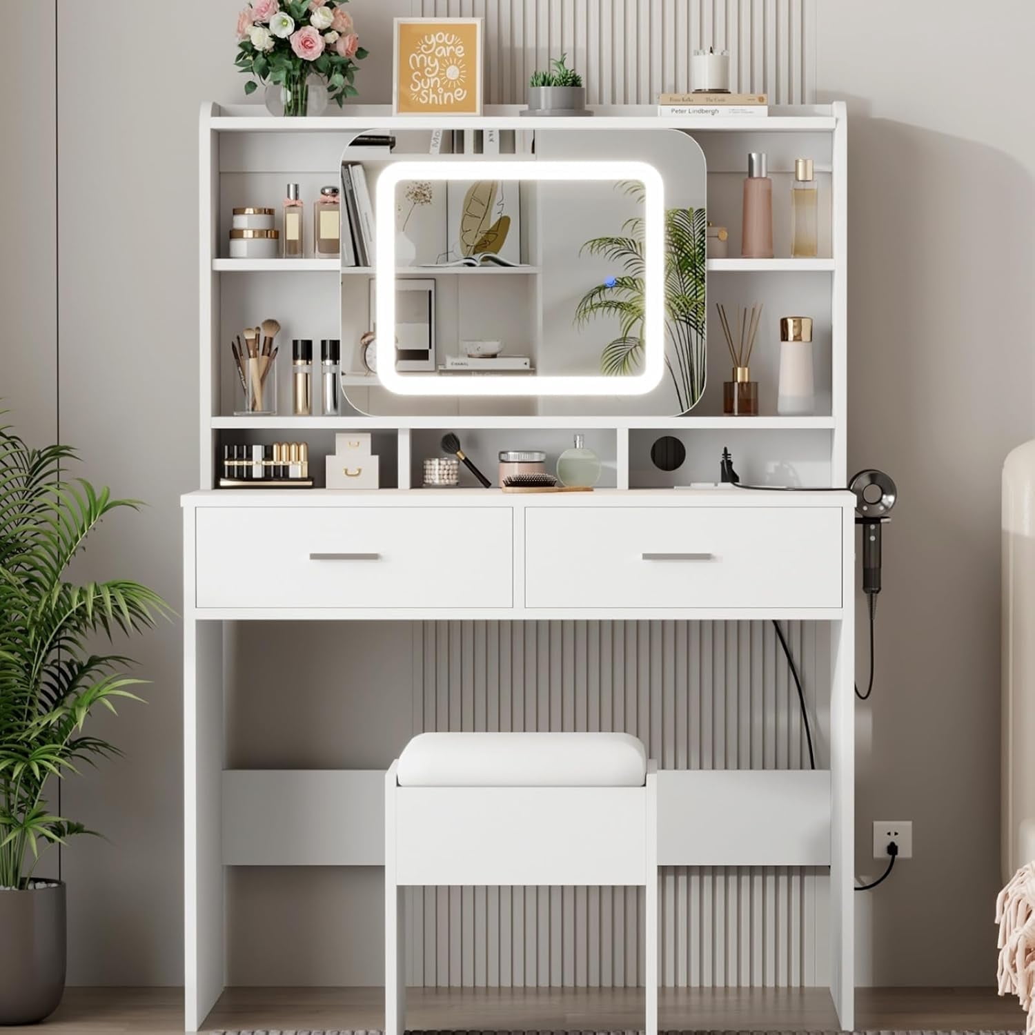 Garvee Vanity Desk with Sliding Mirror, Makeup Vanity Set and Stool ...