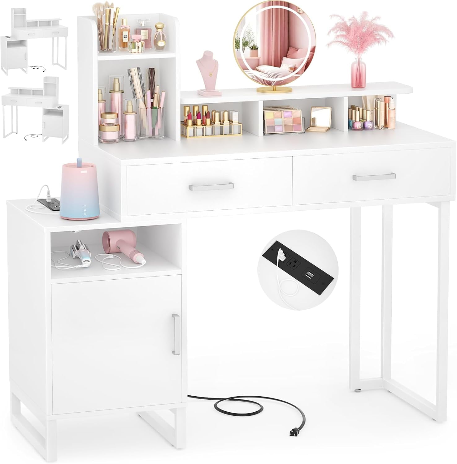 Vanity Desk, Small Vanity Desk with Power Outlet, Makeup Desk with ...