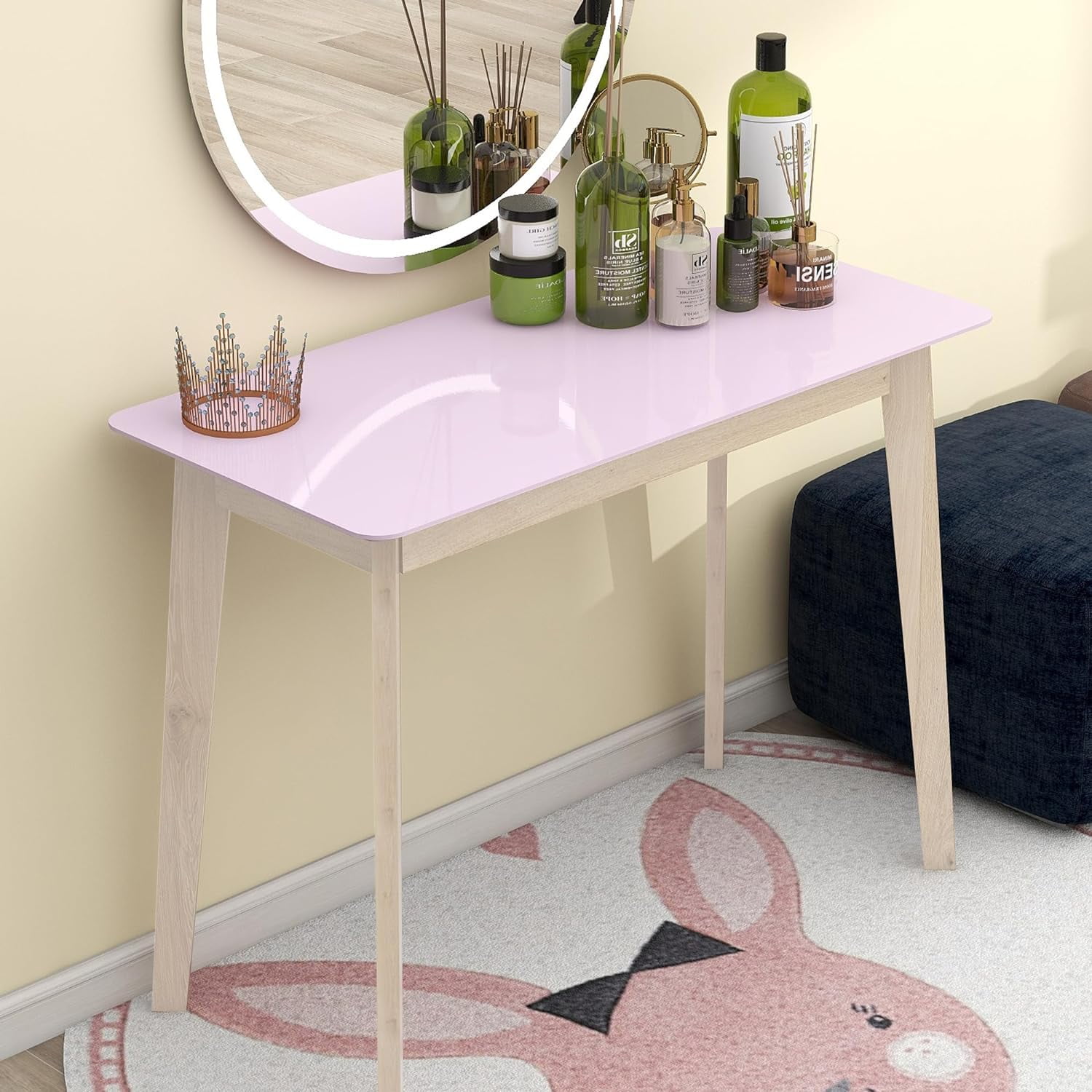 Vanity Desk with Solid Rubber Wood Legs Glossy Pink 39 Inch Vanity ...