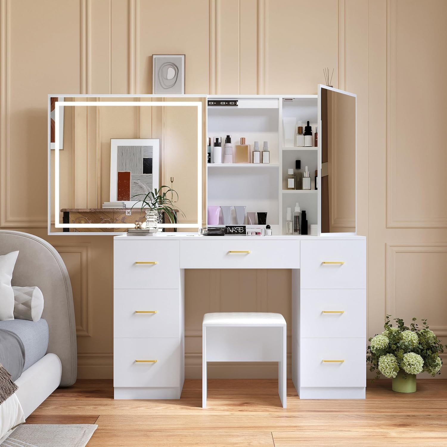 Vanity Desk with Stool & Lighted Mirror, 7 Drawers Makeup Vanity ...