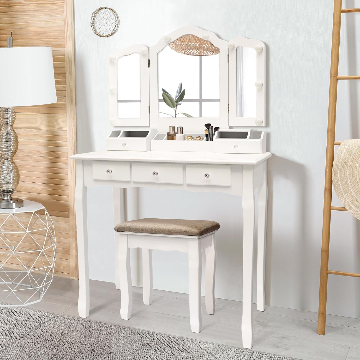 Vanity Desk, Vanity Table with Lighted Mirror, Tri-Folding Mirror ...