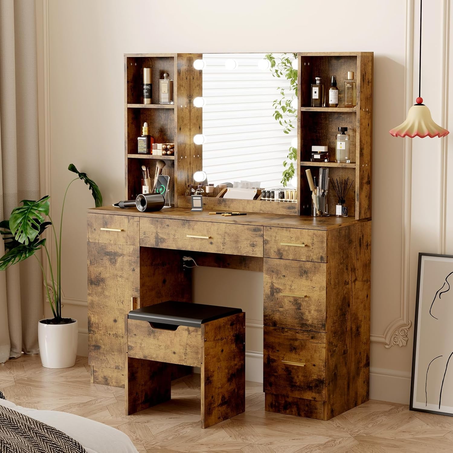 Vanity Desk Table With Mirror and Lights&Power,Large Makeup Vanity With ...