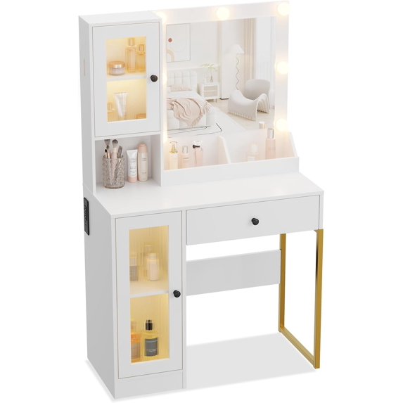 Vanity Desk Table with Lighted Mirror,Makeup Vanitys Set with Drawers ...