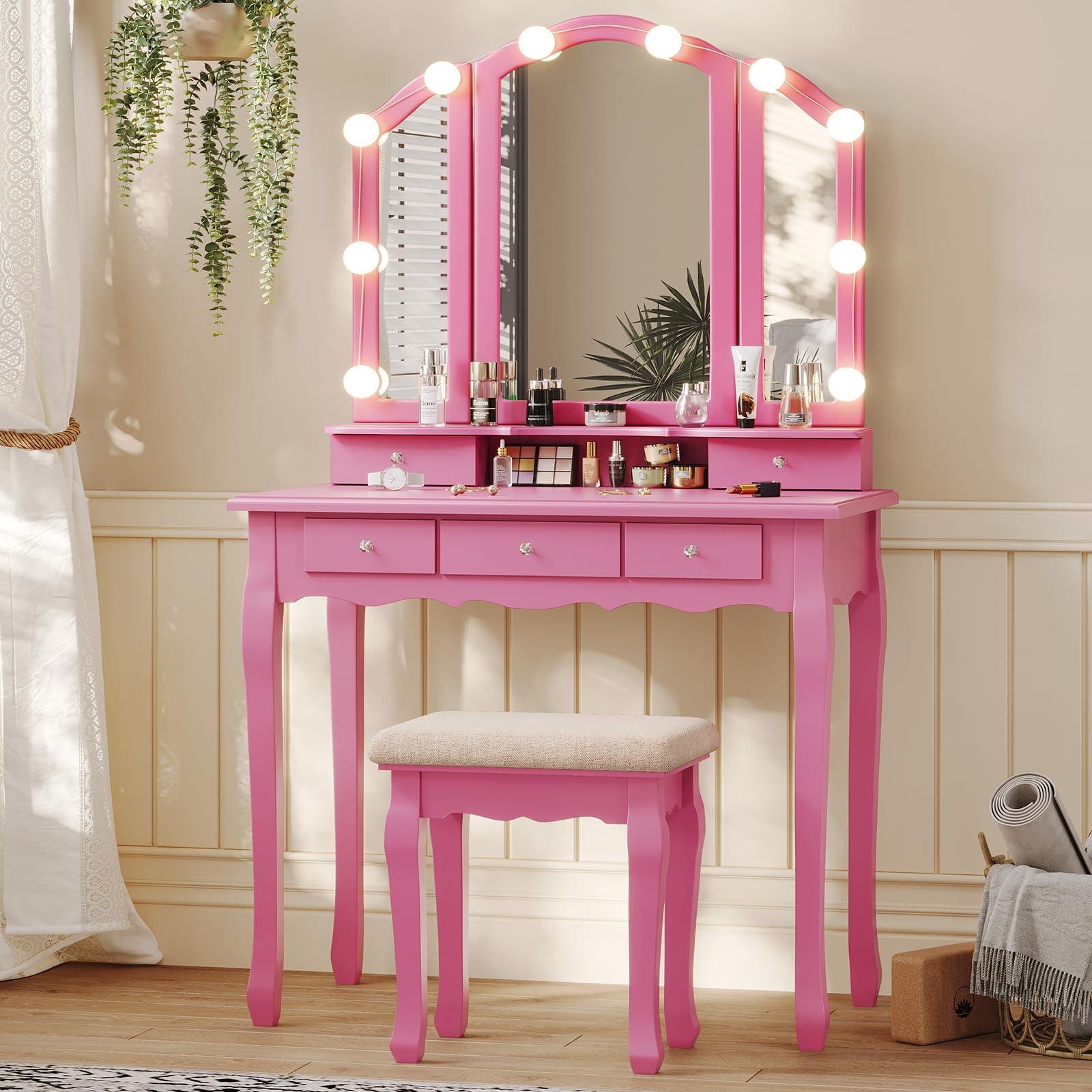 Vanity Desk with Tri-Fold Mirror and Lights, Makeup Vanity Set with ...