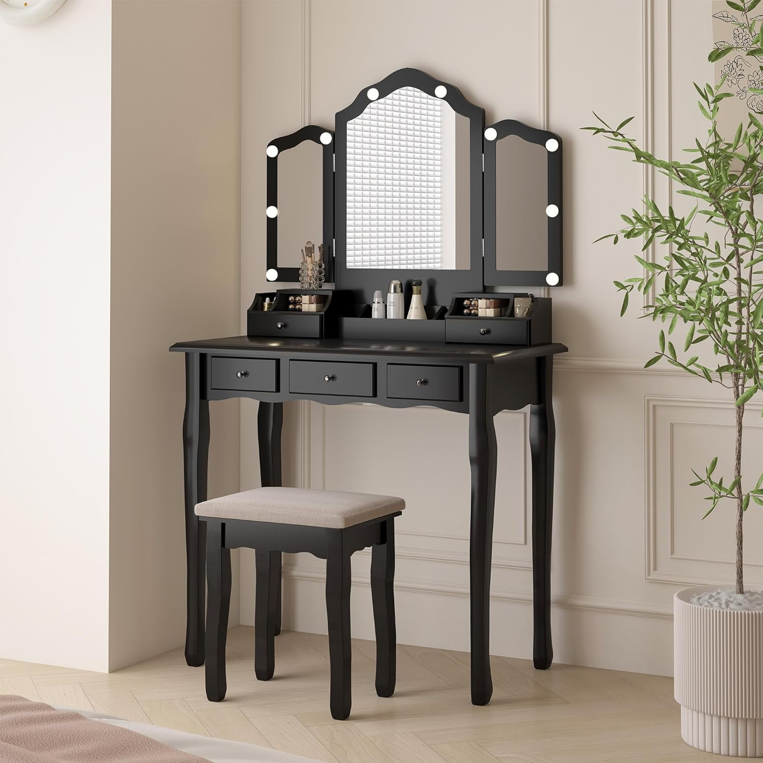 Vanity Desk, Vanity Table with Lighted Mirror, Tri-Folding Mirror ...