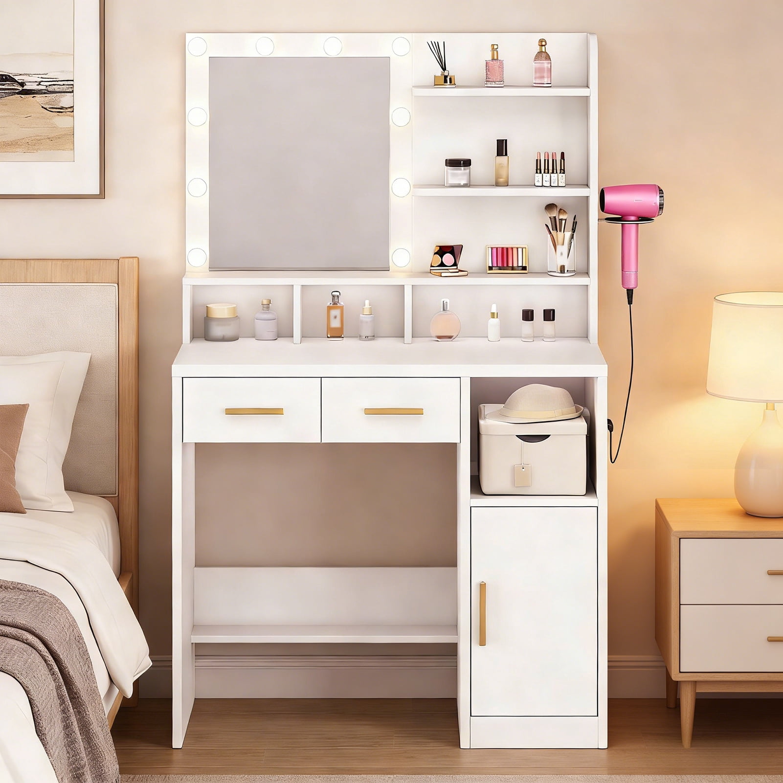 Vanity Desk White, Makeup Table with 10 LED Bulbs 3 Color Settings ...