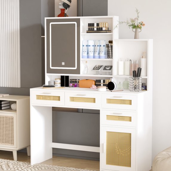 Vanity Desk With 3 Color Lights & Openable Mirror, 4 Drawers, 1 Cabinet ...