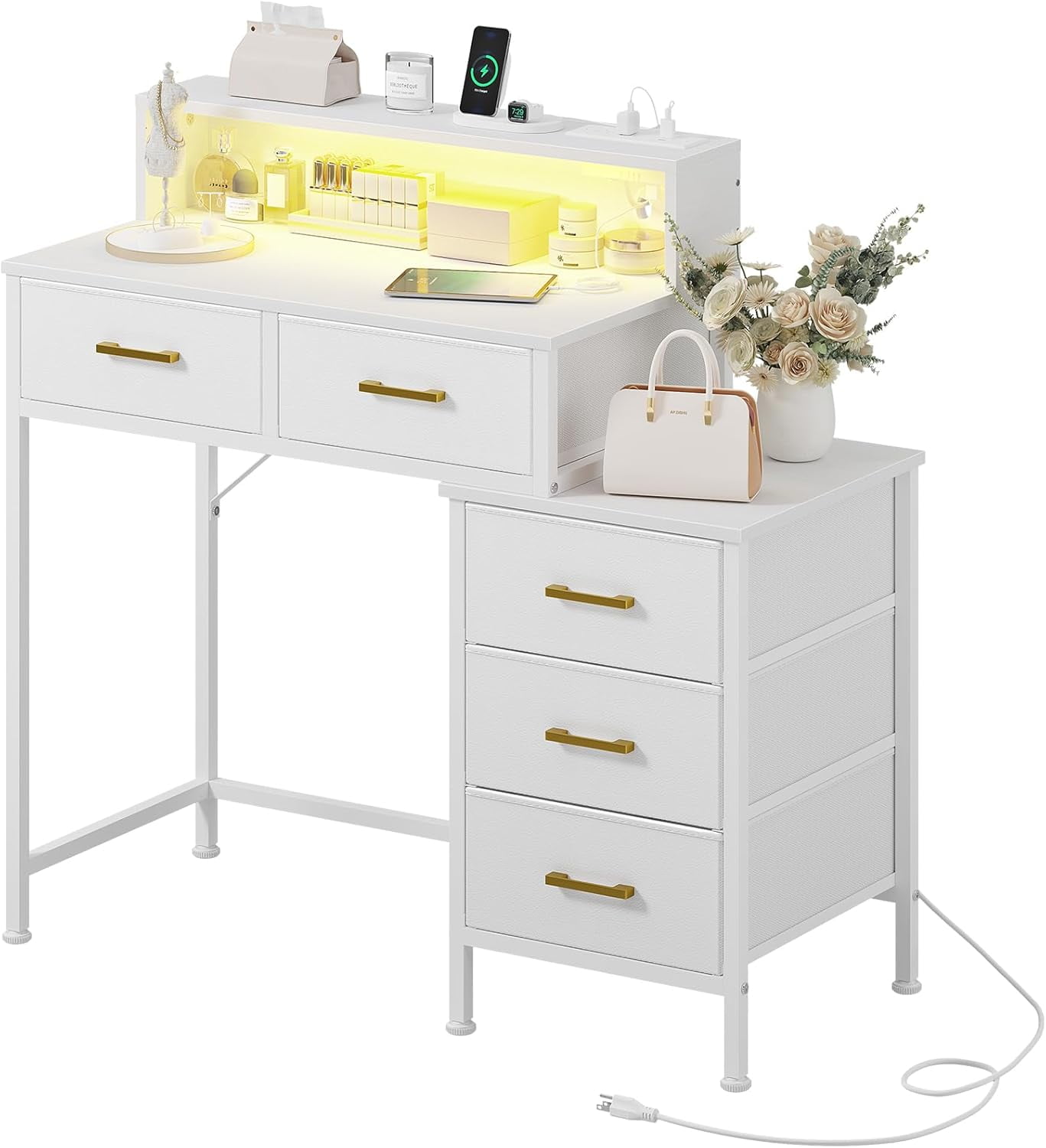 Vanity Desk Without Mirror, 39'' Small Makeup Vanity with 5 Fabric ...