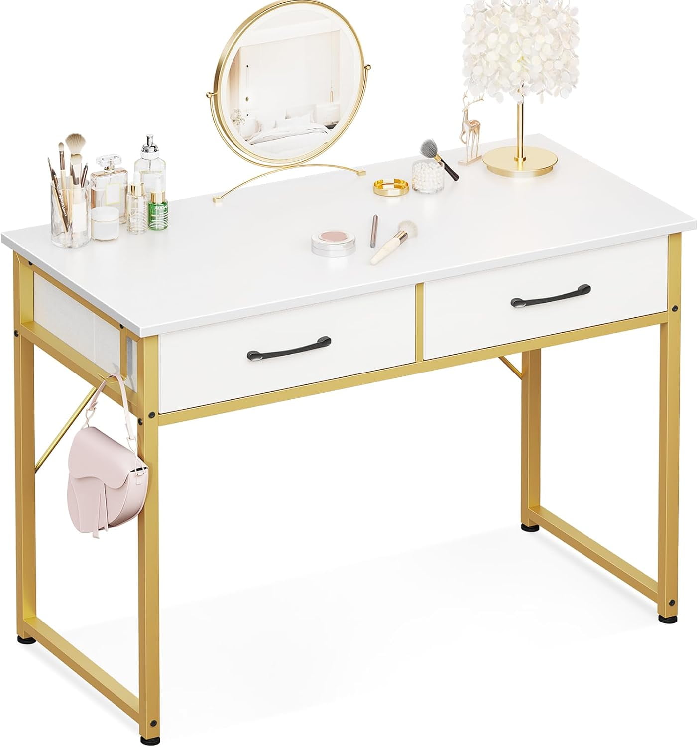 Vanity Desk Without Mirror, Makeup Vanity with 2 Fabirc Drawers, White ...