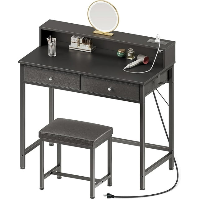 Vanity Desk Without Mirror, Makeup Vanity with Drawers and Charging ...