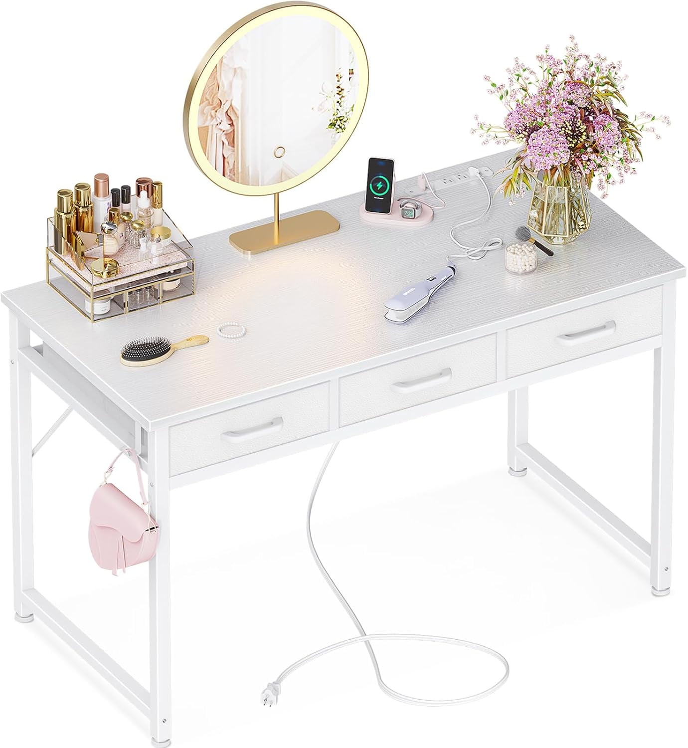 Vanity Desk Without Mirror, White Makeup Vanity with 3 Fabric Drawers ...